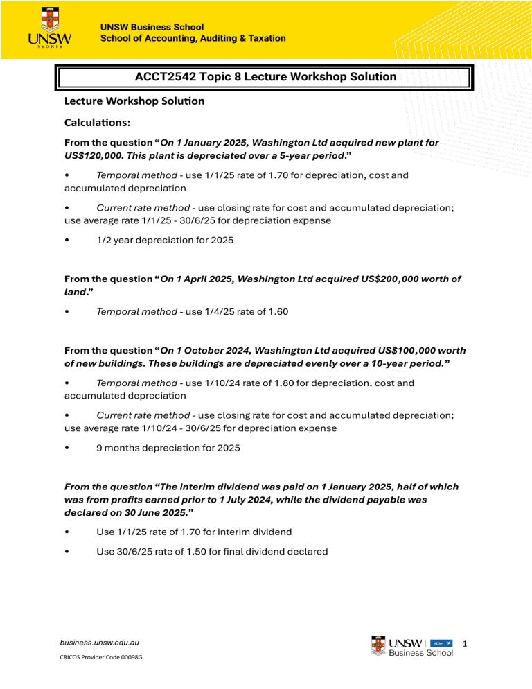 ACCT2542 Accounting: Foreign Currency Translation Workshop Solution