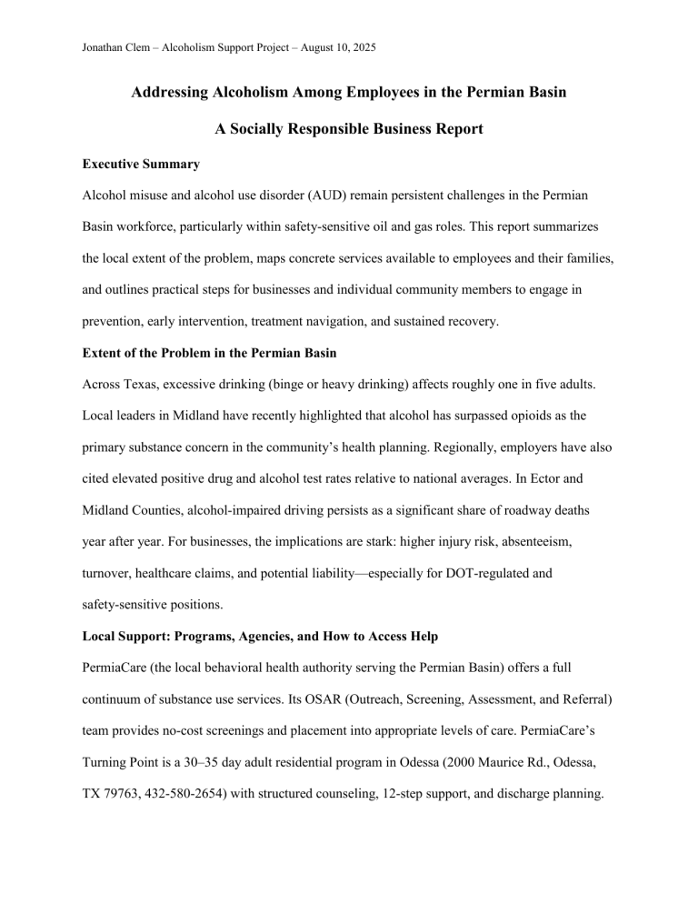 Alcoholism Support for Permian Basin Employees: A Business Report