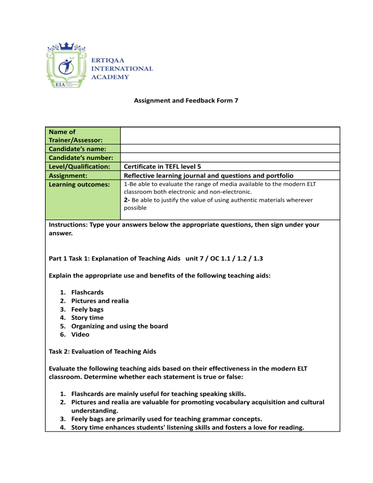 TEFL Level 5 Assignment: Teaching Aids & Materials Evaluation