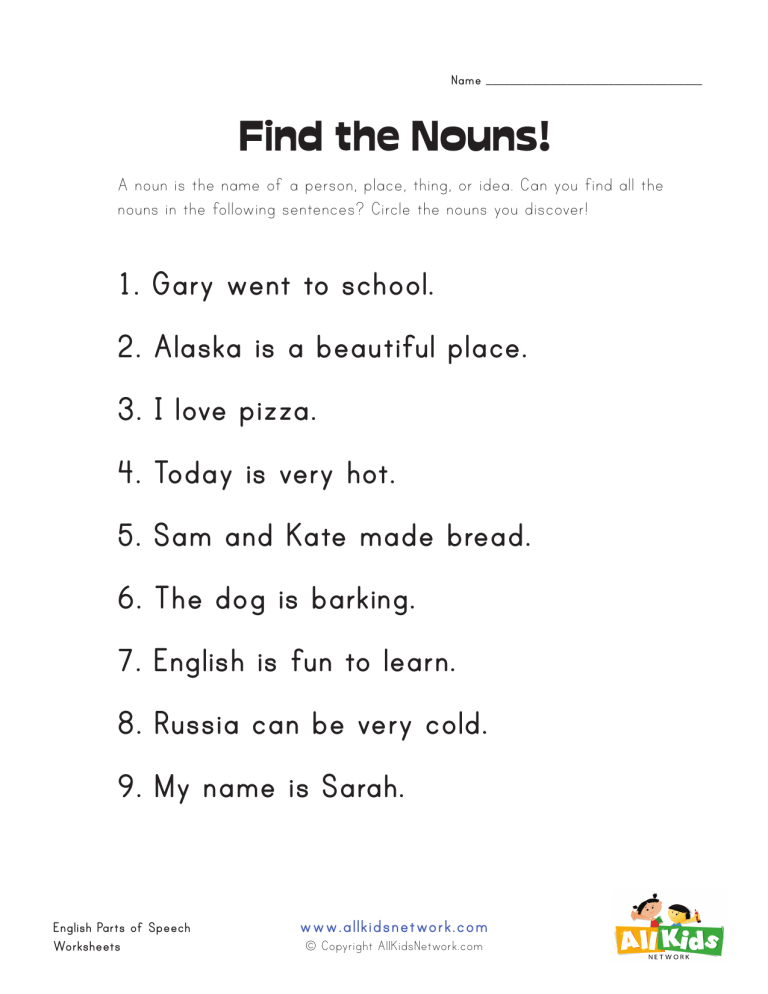 English Grammar Noun Identification Worksheet for Elementary School