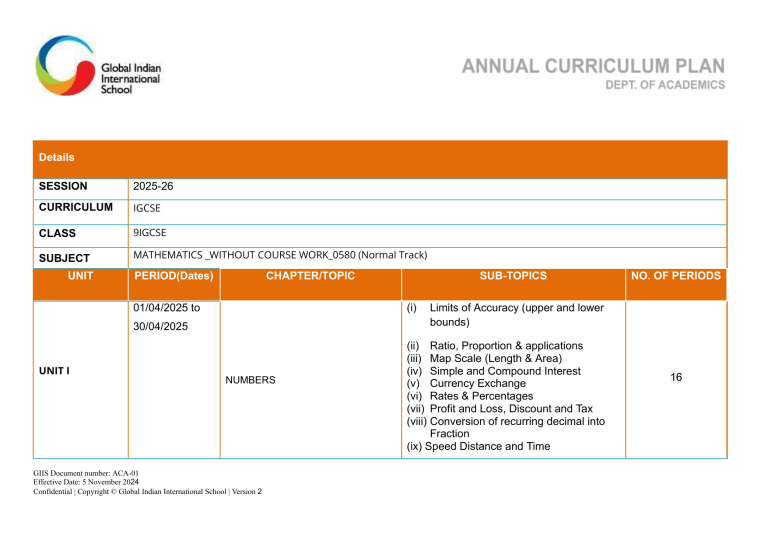 IGCSE Class 9 Mathematics Curriculum Plan 2025-26 - Global Indian School