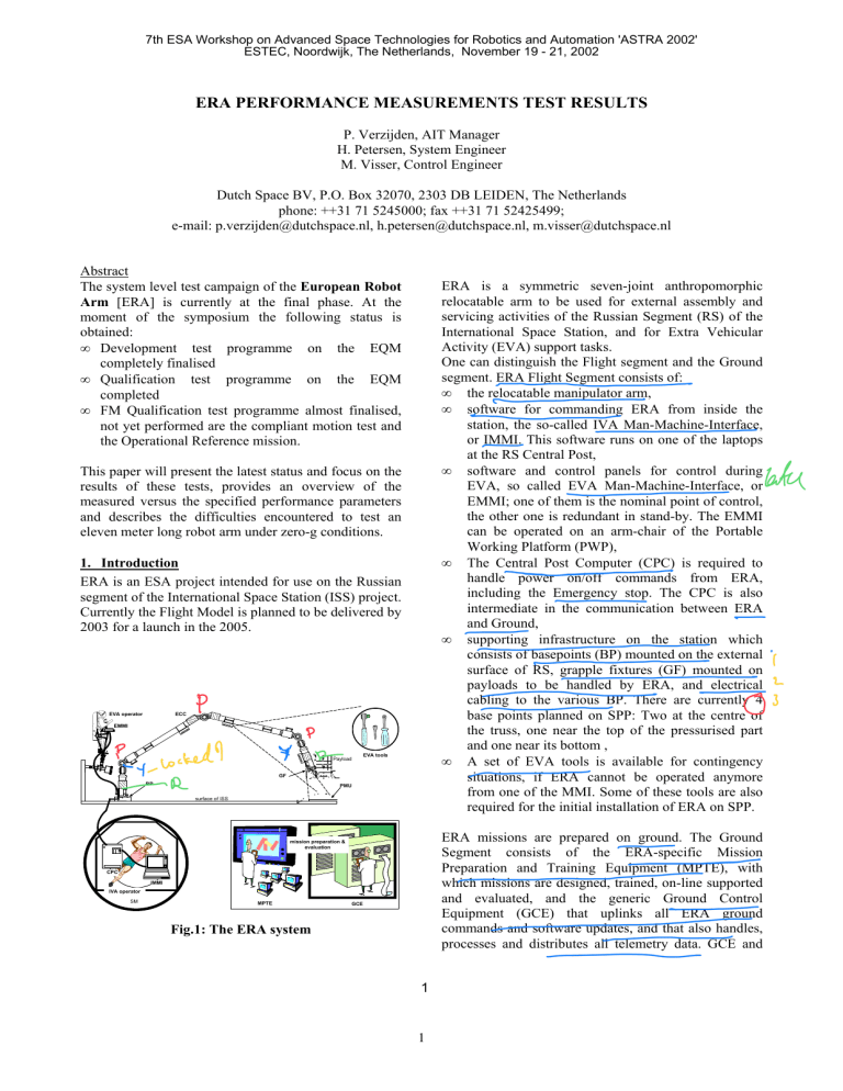 ERA Performance Measurements Test Results: Space Robotics & Automation