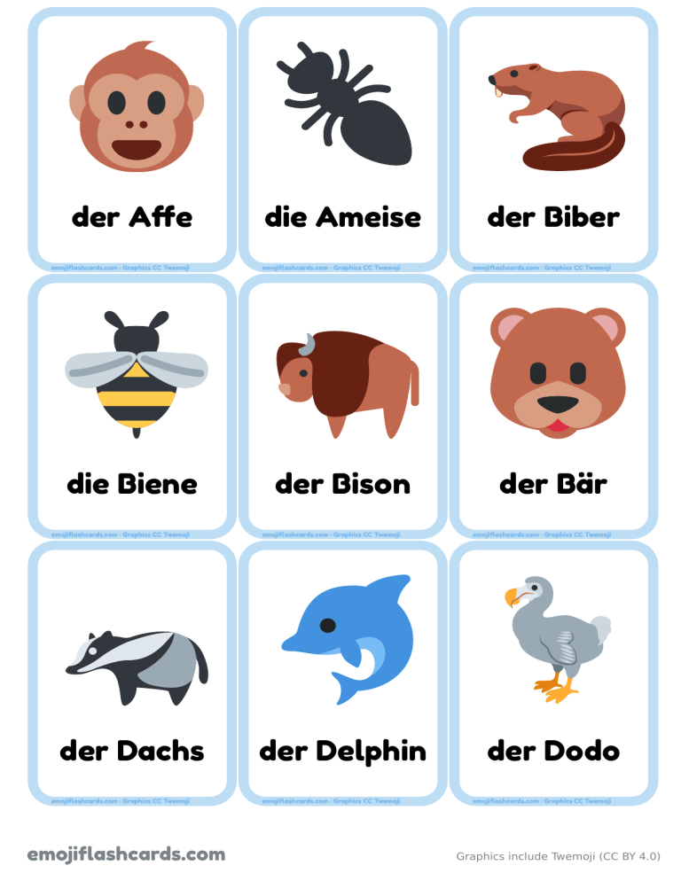 Deutsche Tier-Flashcards: Vokabeln lernen mit Emojis