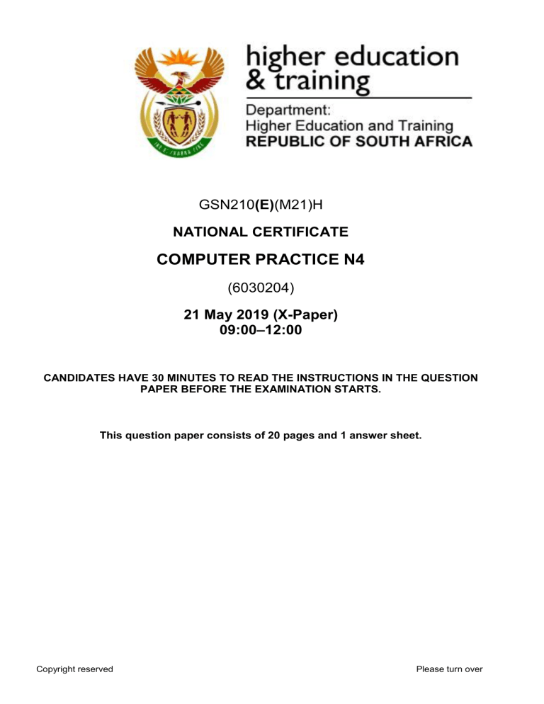 Computer Practice N4 National Certificate Exam Paper - May 2019