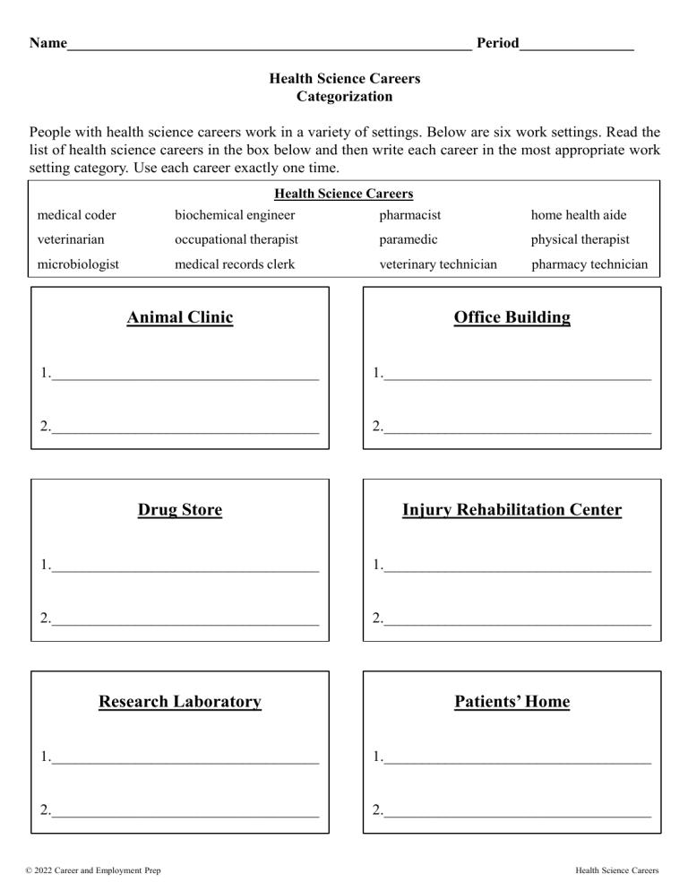Health Science Careers Worksheet: Categorization & Job Matching