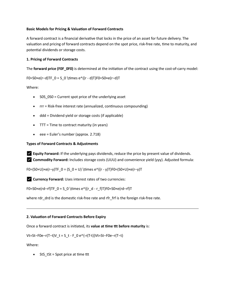 Forward Contract Pricing & Valuation: Basic Models & Formulas