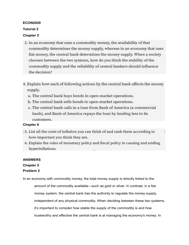 ECON2020 Tutorial 2 Answers: Money Supply, Inflation & Central Bank