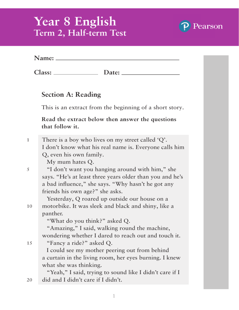 Year 8 English Term 2 Half-term Test - Reading & Writing Assessment