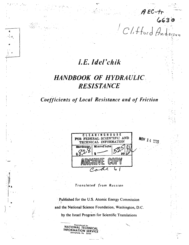 Handbook of Hydraulic Resistance: Coefficients of Local Resistance ...