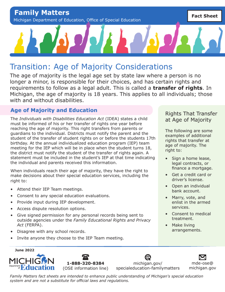 Michigan Special Education: Age of Majority Rights & Transition Fact Sheet