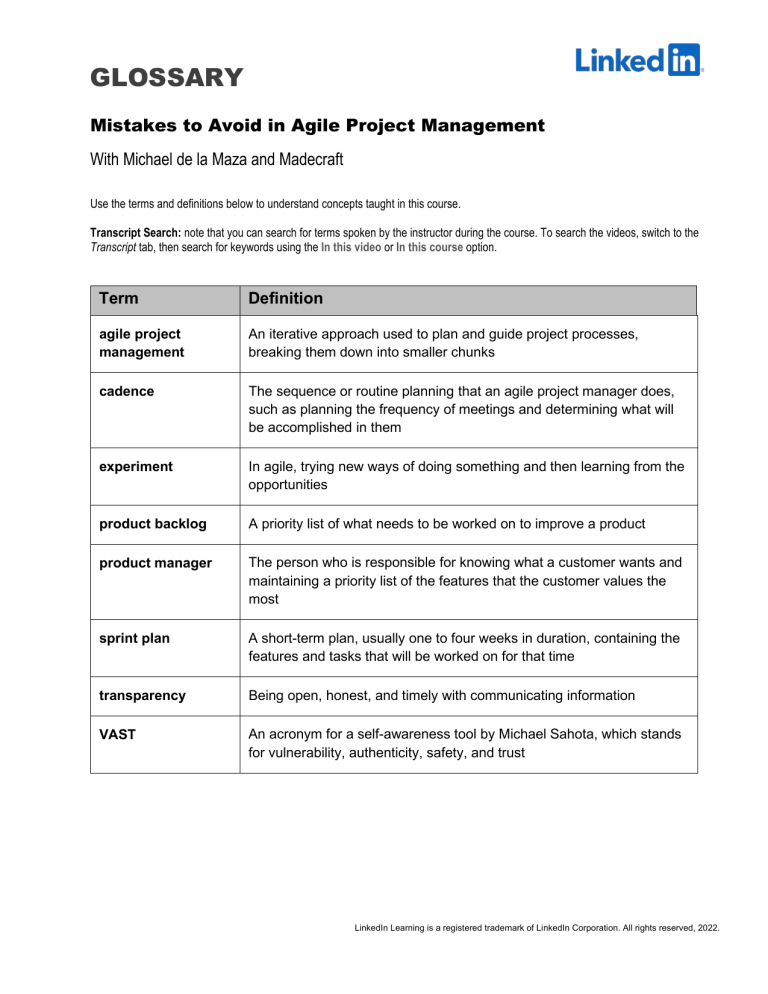 Agile Project Management Glossary | LinkedIn Learning Course Terms