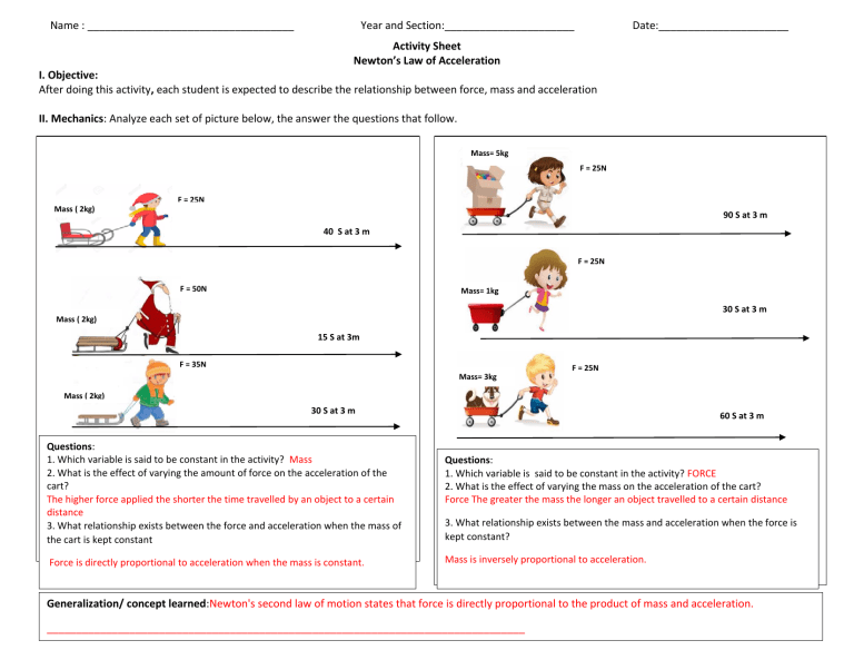 Newton's Law of Acceleration Activity Sheet | Force, Mass, Accel