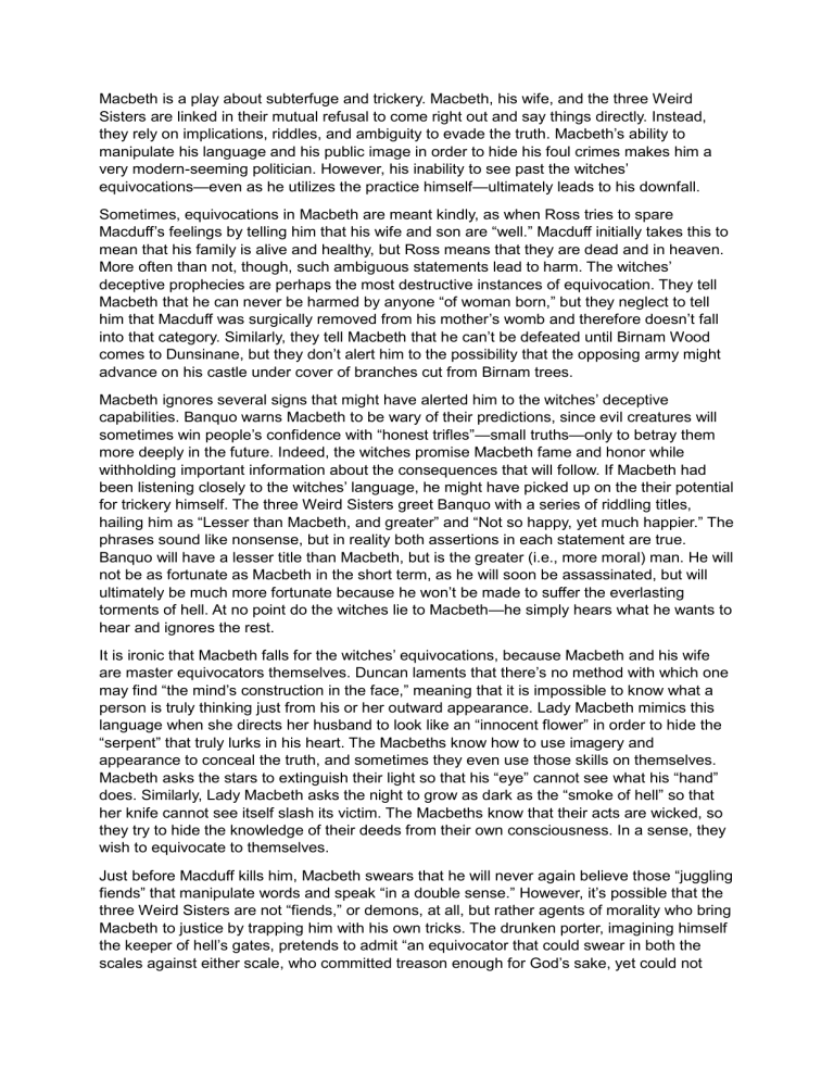 Macbeth: Equivocation, Trickery, and Downfall Literary Analysis