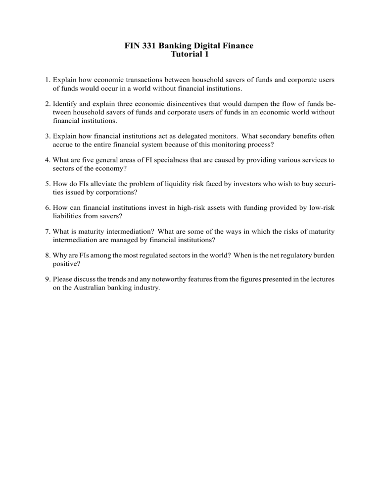 FIN 331 Banking Digital Finance Tutorial 1: Financial Institutions