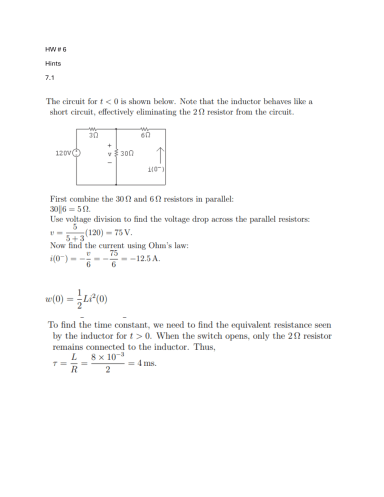 HW #6 Hints: Electrical Circuit Analysis & RL Circuit Solutions