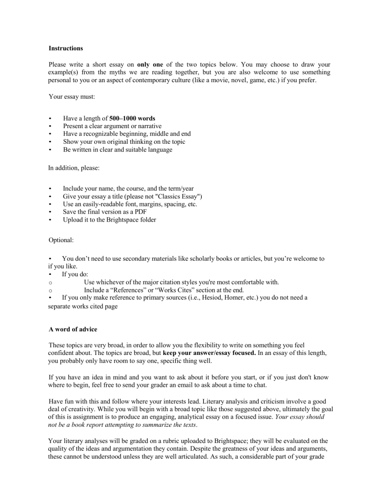 Classics Essay Assignment: Greek Myths, Biblical Stories & Zeus Analysis