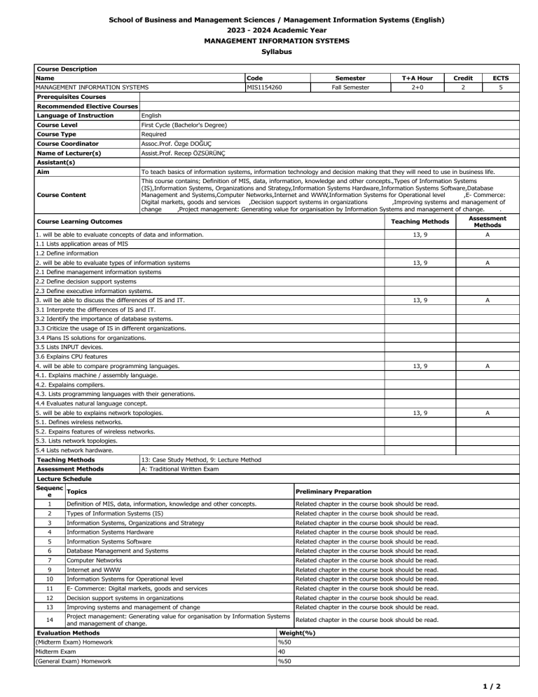 Management Information Systems Syllabus 2023-2024 - Bachelor's Degree
