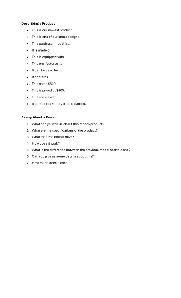 Business English: Describing & Asking About Products - Dialogue Practice