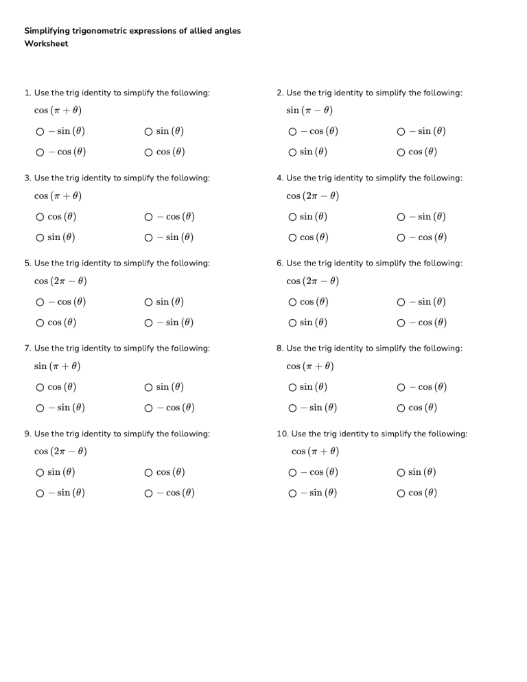 Simplifying Trigonometric Expressions of Allied Angles Worksheet