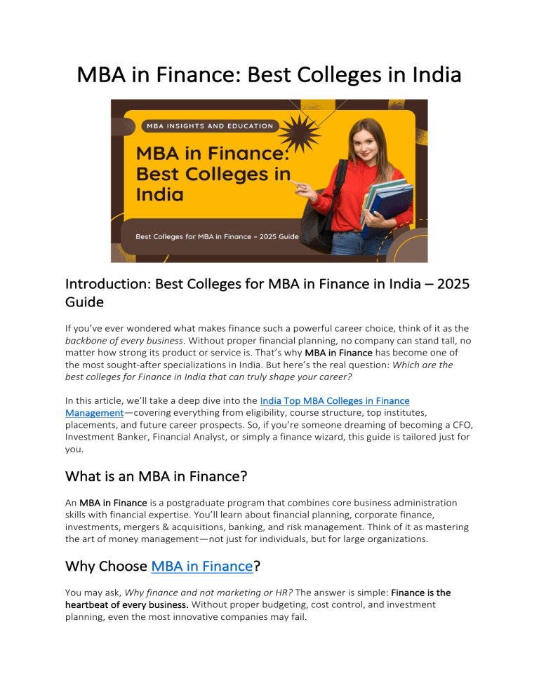 MBA in Finance: Best Colleges in India 2025 Guide & Career Prospects