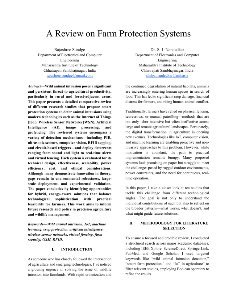 Farm Protection Systems: IoT, AI & WSN Review for Wildlife Deterrence