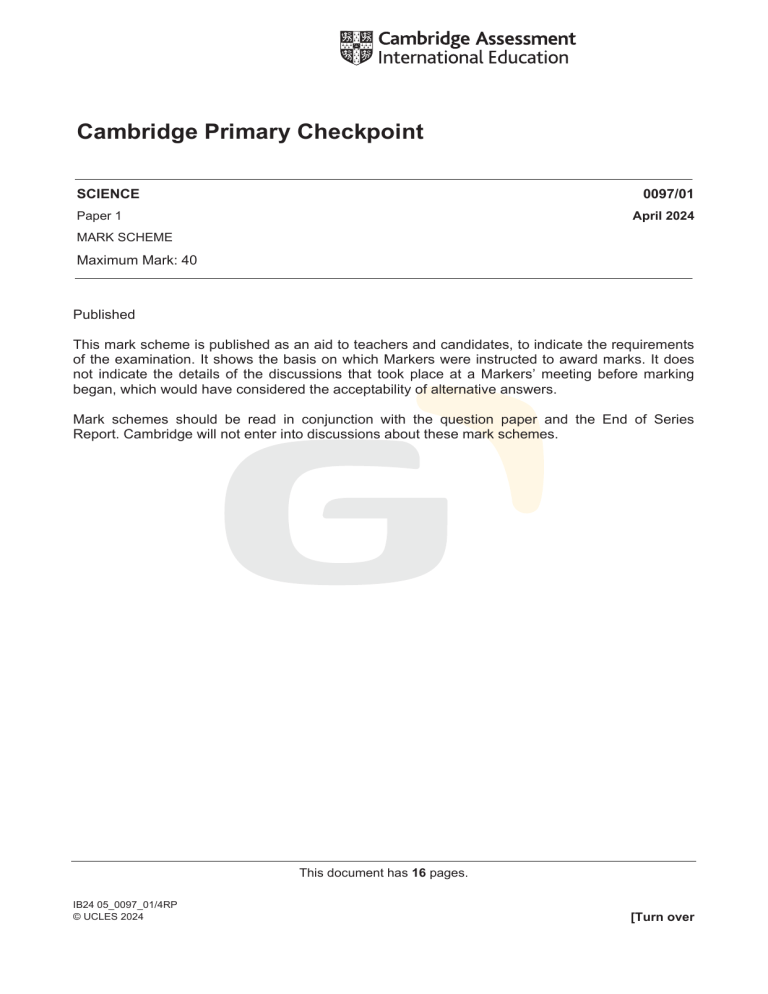 Cambridge Primary Checkpoint Science Mark Scheme 0097/01 April 2024