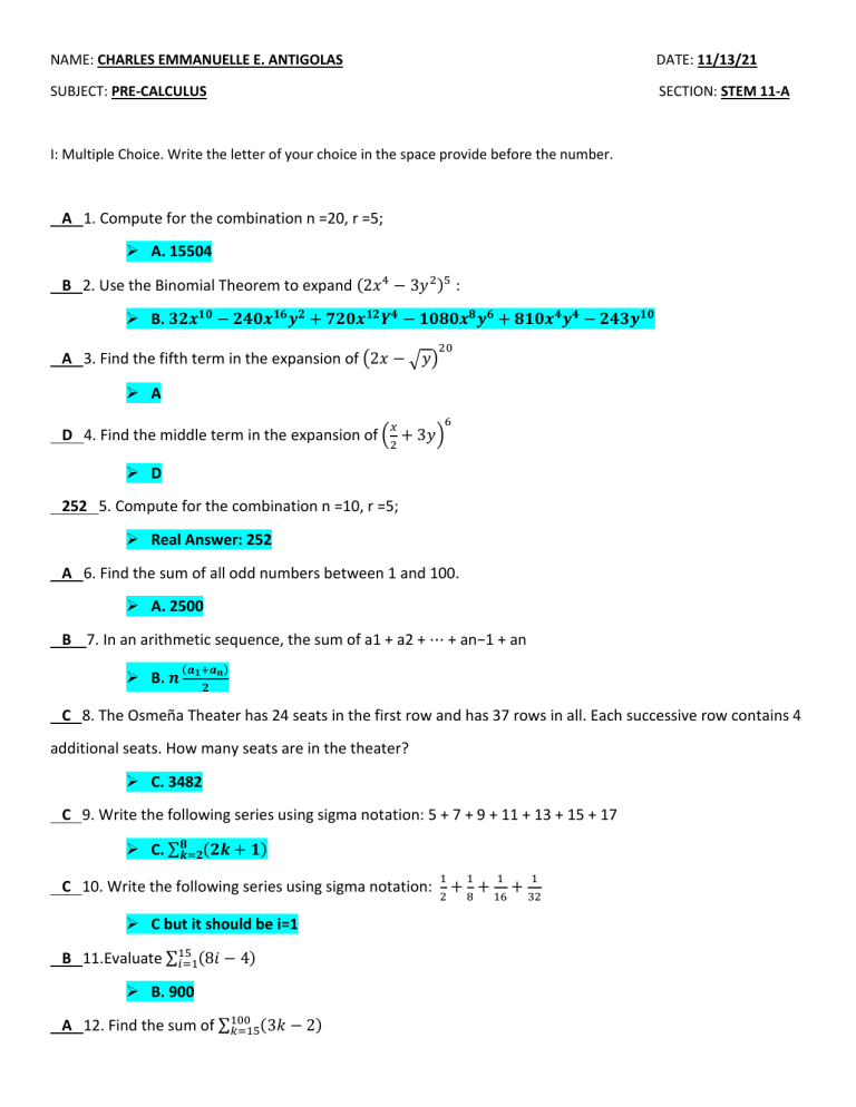 Pre-Calculus Multiple Choice Quiz: Combinations, Series, Binomial Theorem