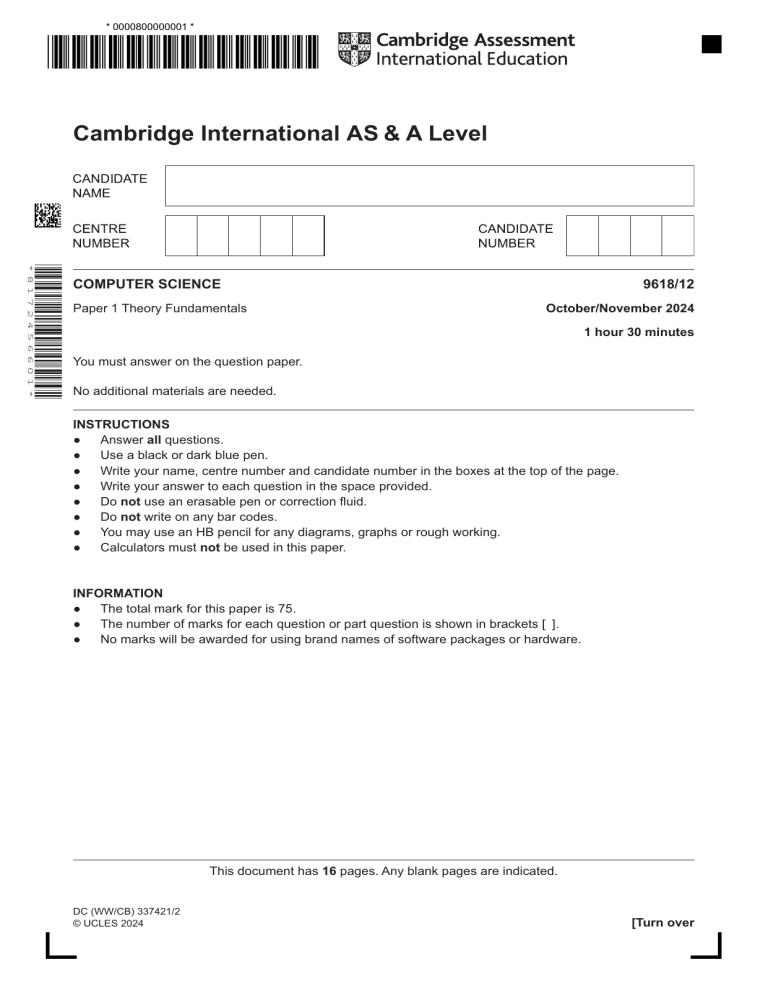Cambridge AS & A Level Computer Science Paper 1 Theory Fundamentals