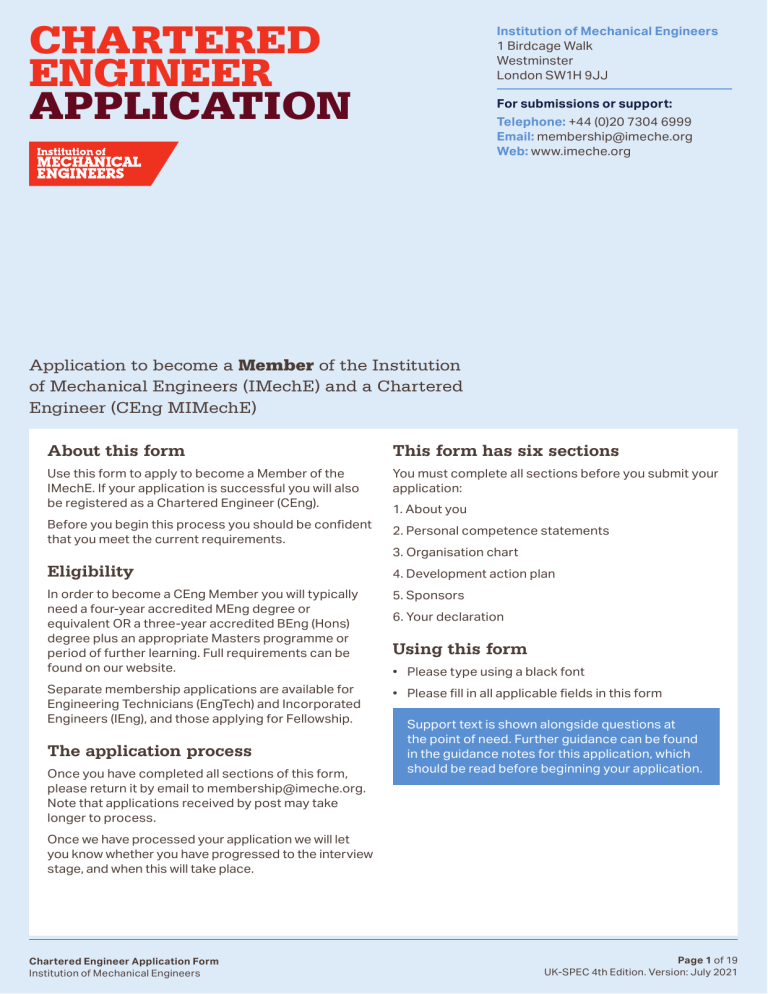 Chartered Engineer Application Form - IMechE Membership Guide