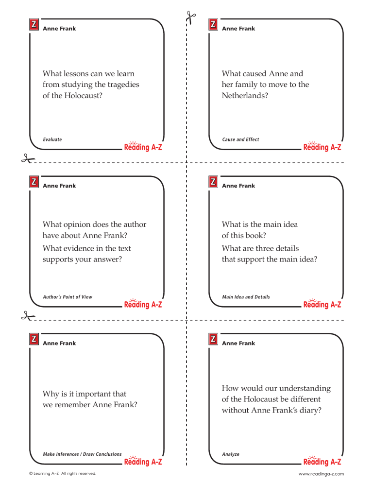 Anne Frank Reading Comprehension & Analysis Questions