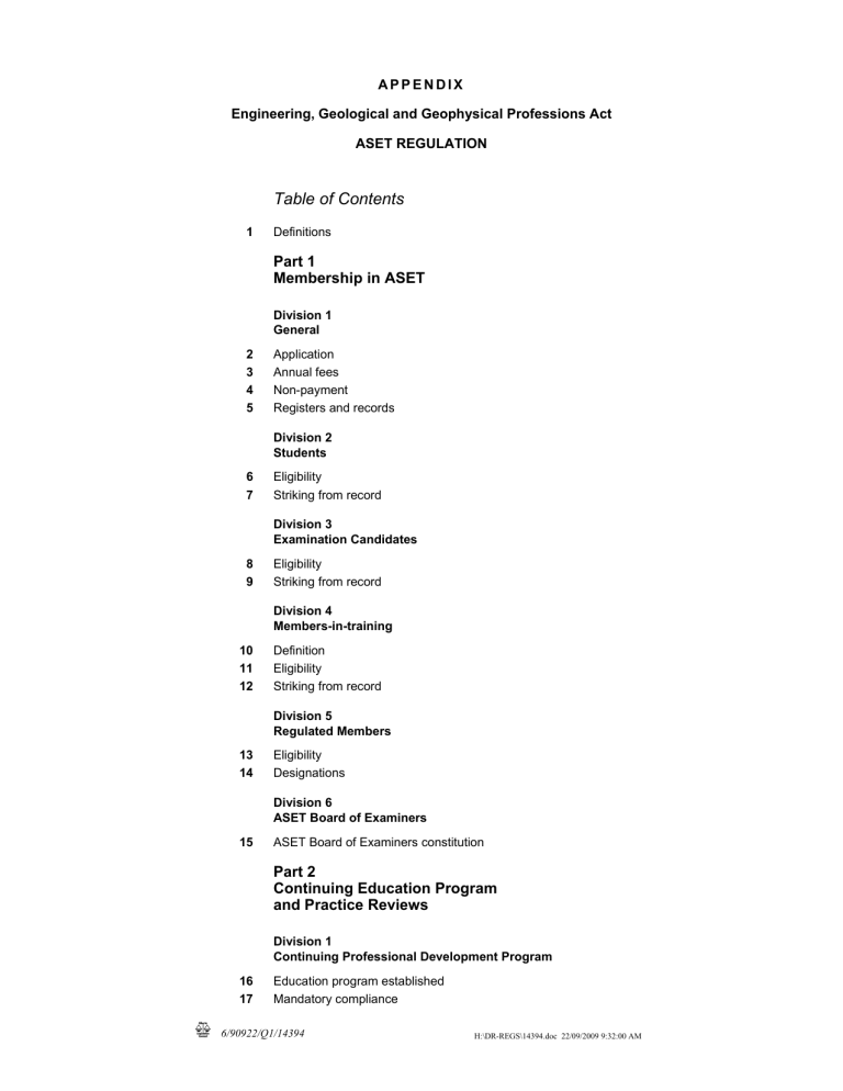 ASET Regulation: Engineering, Geological, Geophysical Professions Act