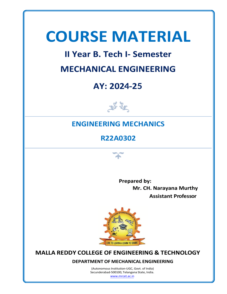 Engineering Mechanics Course Material | B.Tech | Malla Reddy College