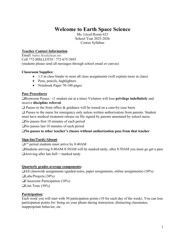 Earth Space Science Course Syllabus 2025-2026 | Ms. Lloyd