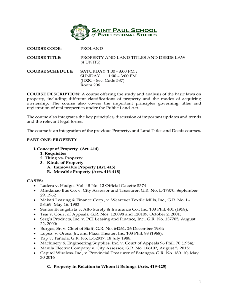Property and Land Titles Law Course Outline - Saint Paul School