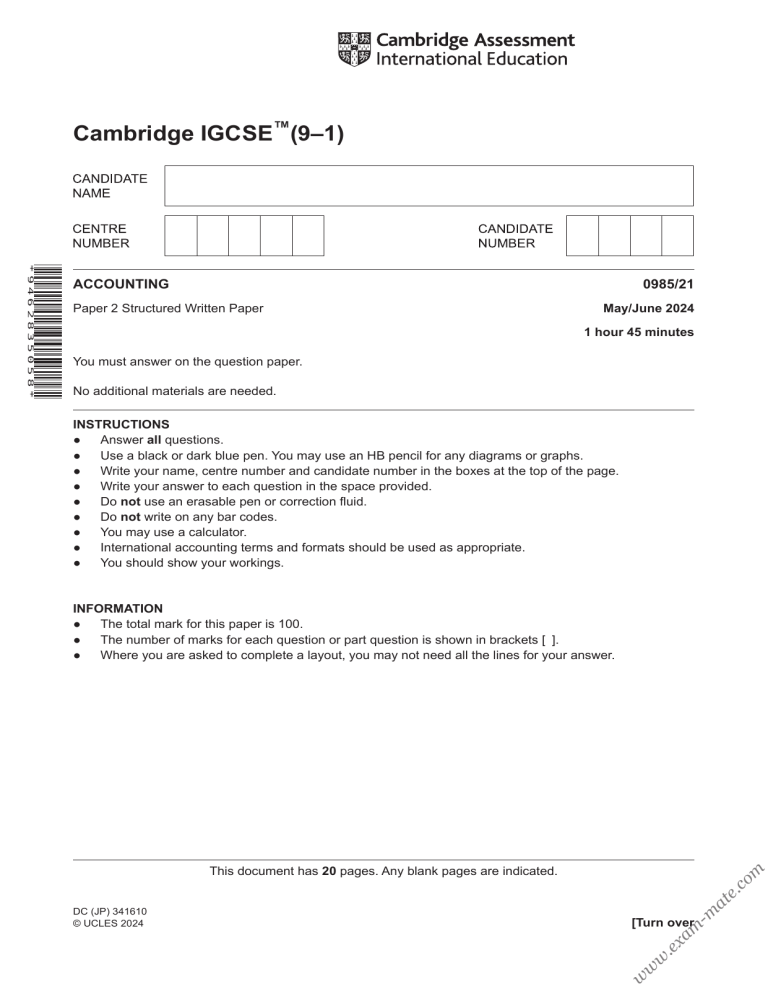 Cambridge IGCSE Accounting Paper 2 (0985/21) May/June 2024 Exam