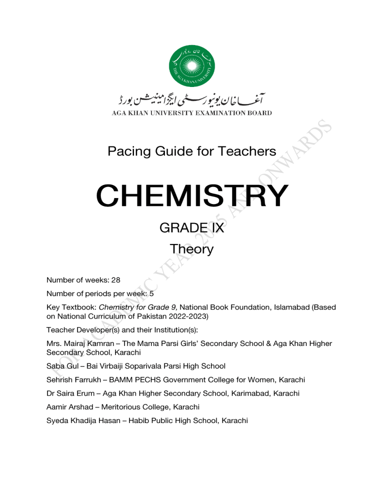 Chemistry Grade 9 Pacing Guide for Teachers | Aga Khan University