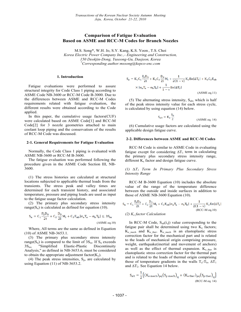 Comparison of Fatigue Evaluation: ASME vs RCC-M Codes for Nozzles