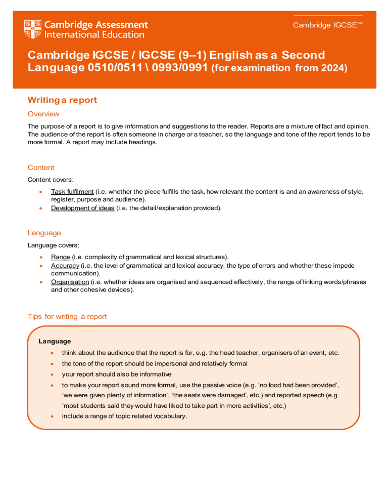 IGCSE English as a Second Language: Report Writing Guide (2024+)