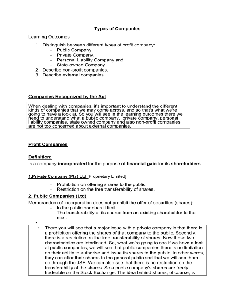 Types of Companies: Public, Private, Personal Liability, Non-Profit