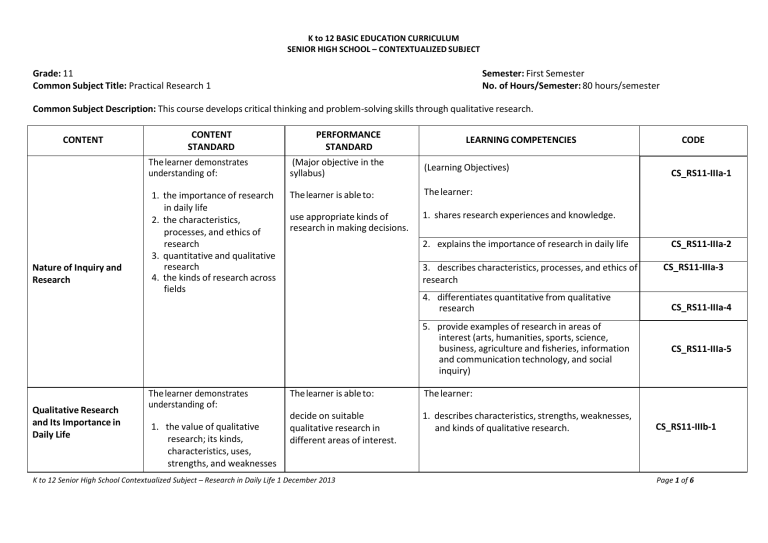 Practical Research 1 Curriculum Guide - K to 12 Senior High School