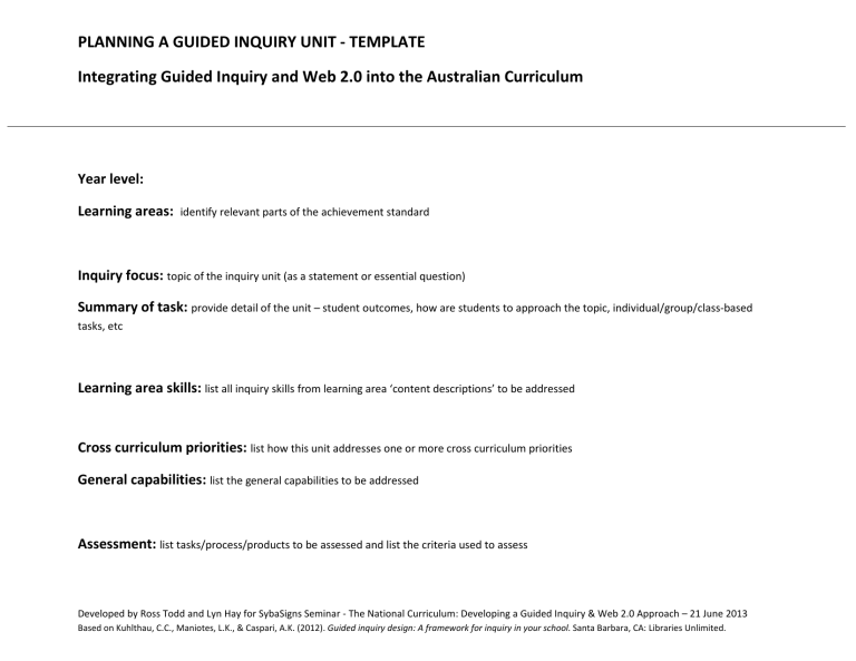 Guided Inquiry Unit Planning Template for Australian Curriculum