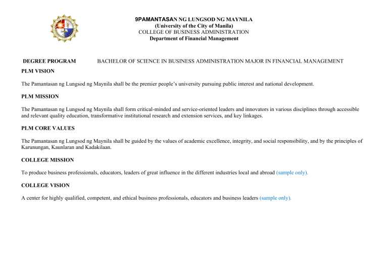 Financial Management 1 Syllabus - BSBA Major in Financial Management