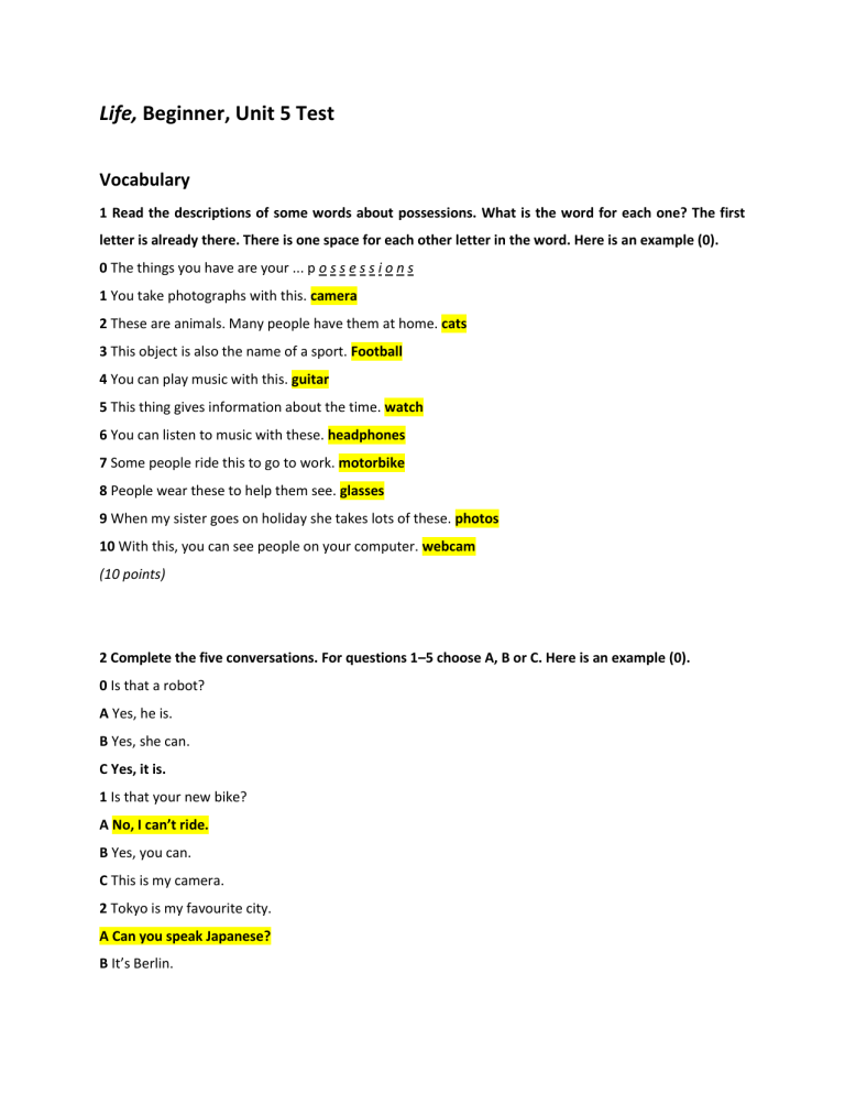 Life Beginner Unit 5 English Test: Vocabulary, Grammar, Reading