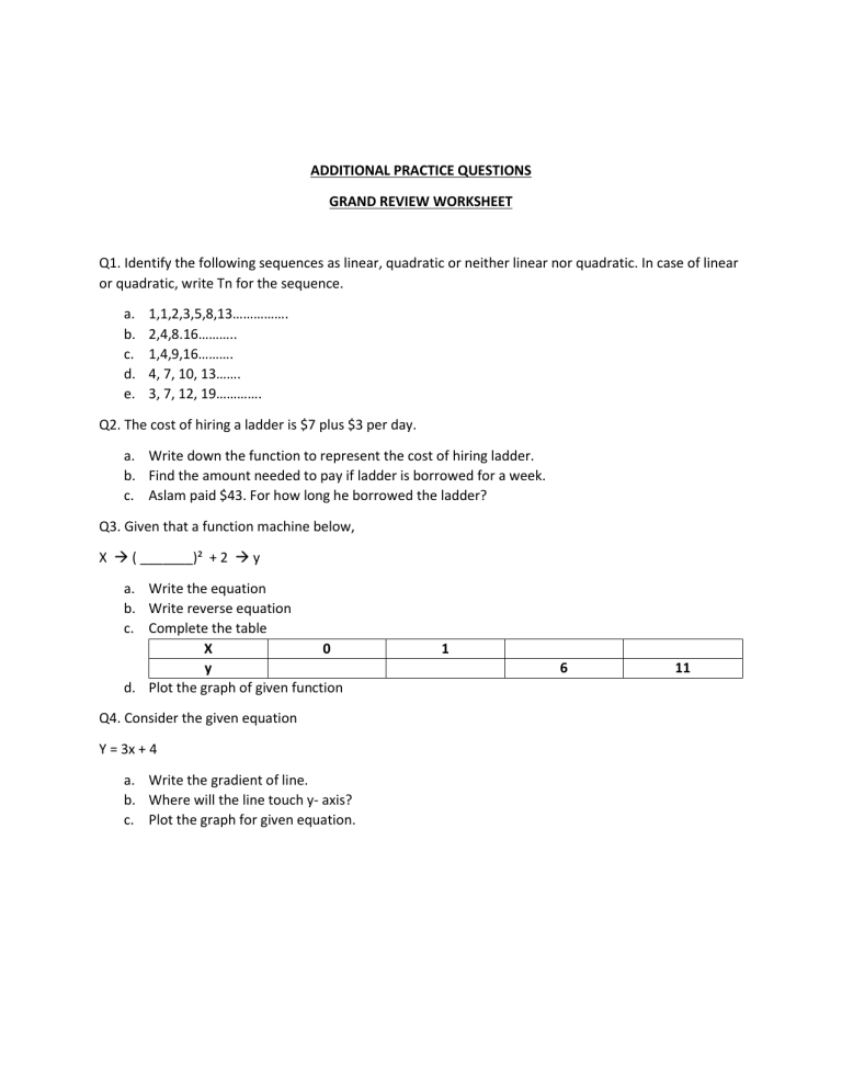 Math Practice Questions: Sequences, Functions & Linear Equations