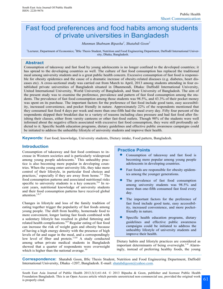 Fast Food Preferences & Habits: Bangladesh University Students' Public ...