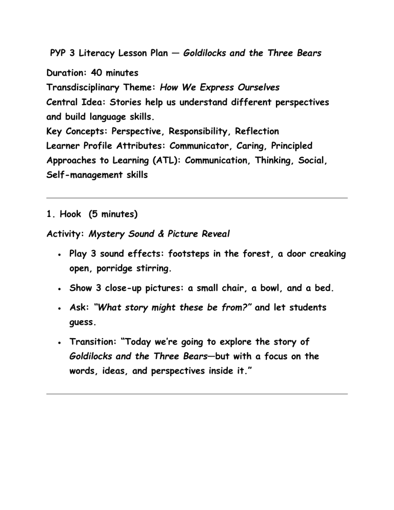 PYP 3 Literacy Lesson Plan: Goldilocks & Three Bears - Perspectives