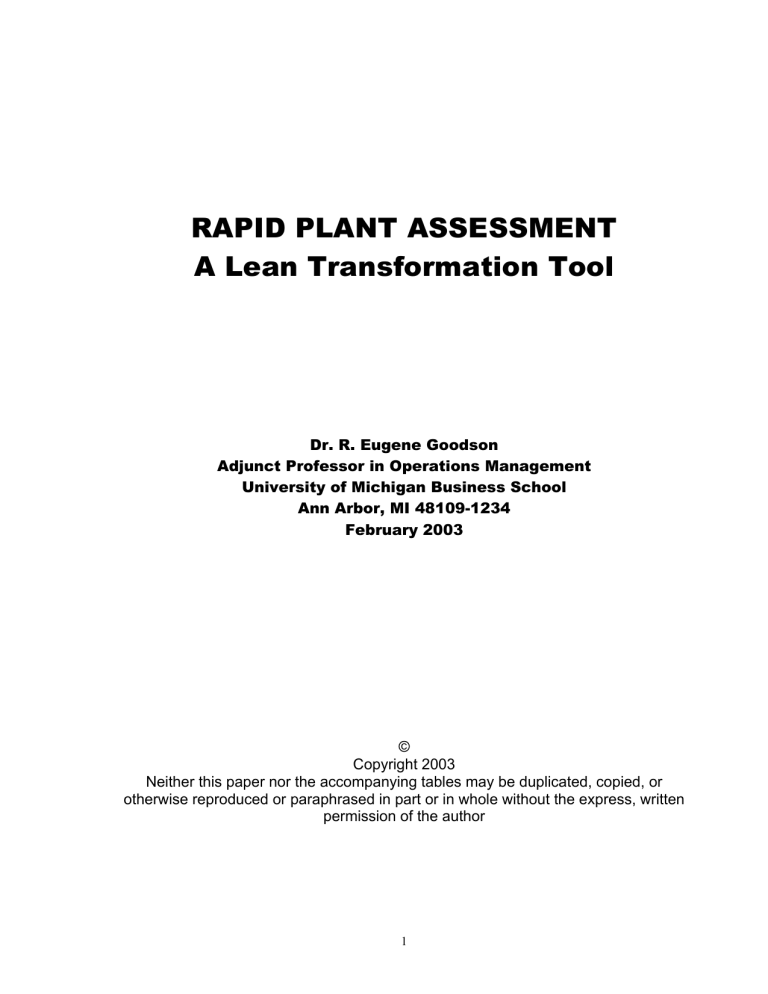 Rapid Plant Assessment: A Lean Transformation Tool for Operations