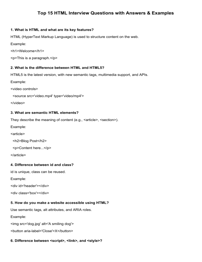 Top 15 HTML Interview Questions & Answers with Examples