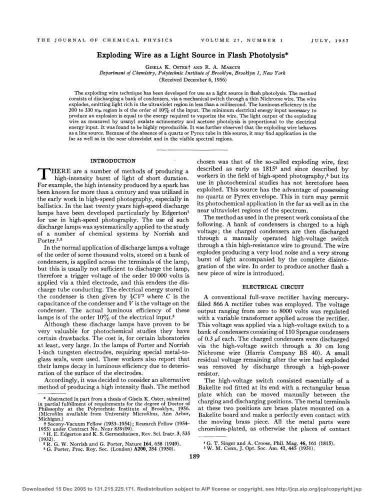 Exploding Wire as a Light Source in Flash Photolysis - Chemical Physics