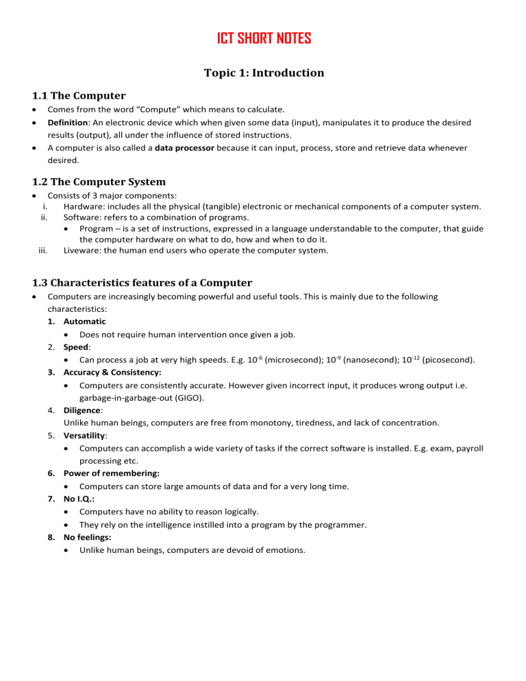 ICT Short Notes: Introduction to Computers & Generations
